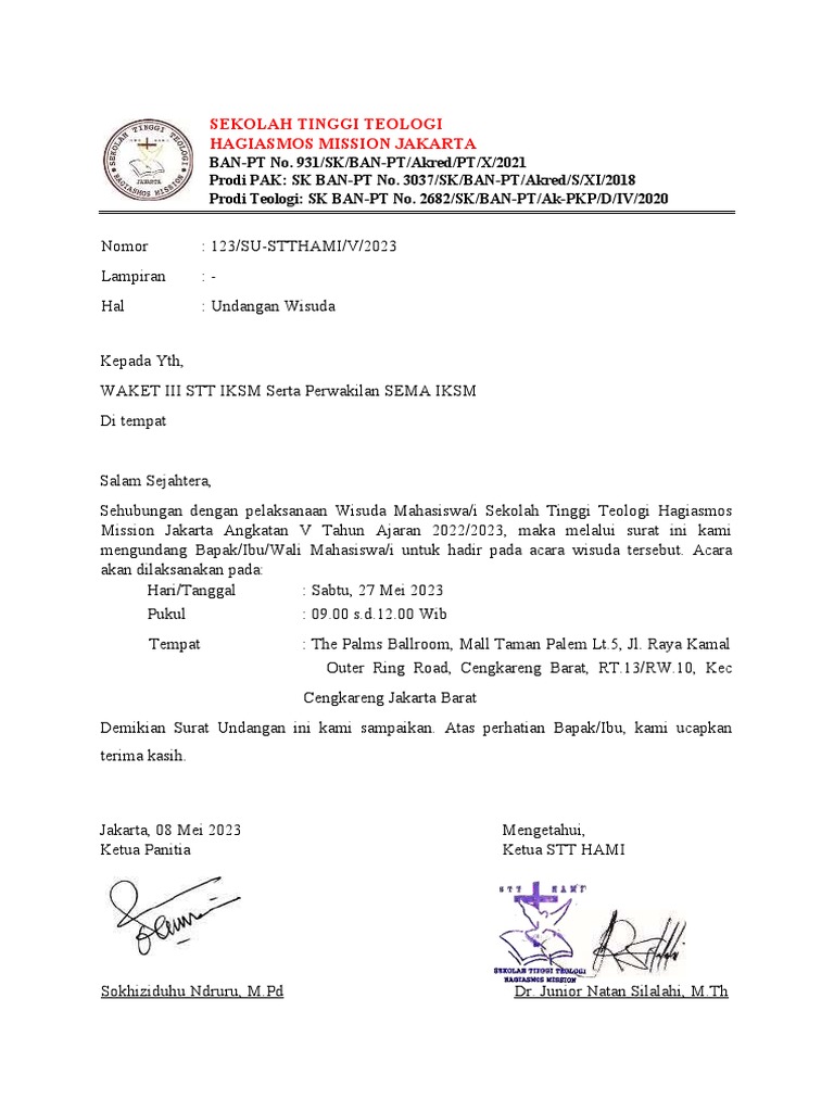 Undangan Wisuda STT Hagiasmos 2023 | PDF