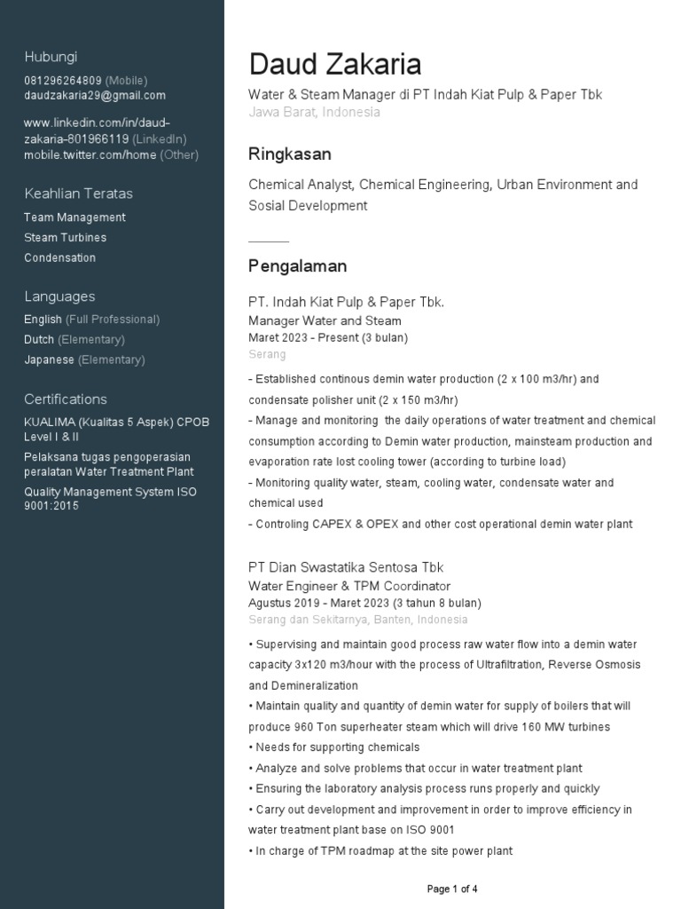 CV Daud Zakaria LinkedIn | PDF | Water | Steam