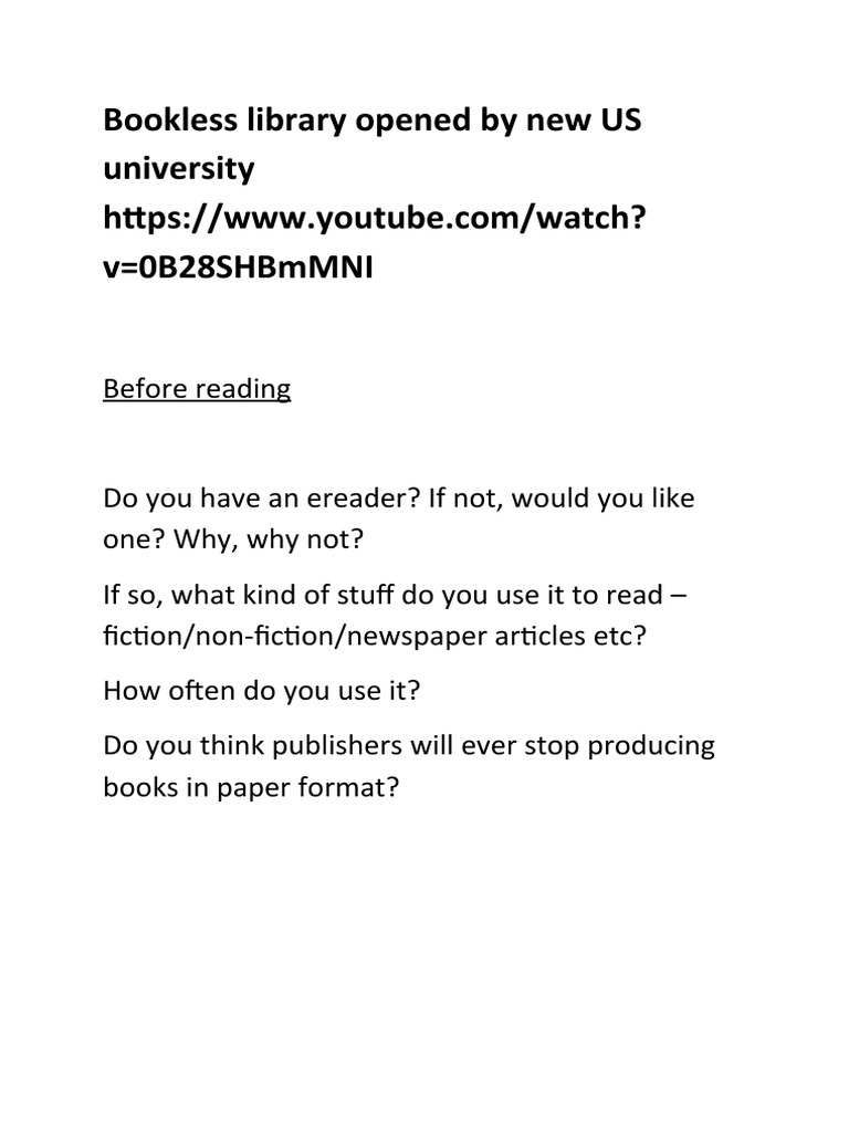 Bookless Library Opened by New US University | PDF