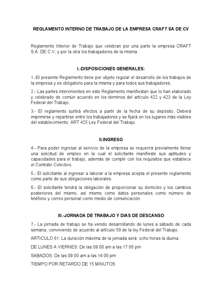 Reglamento Interior de Trabajo | PDF | Tiempo de trabajo | Salario