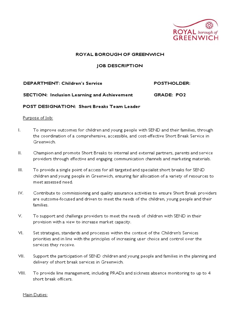 Short Breaks Team Leader Job Description | PDF | Child Protection ...