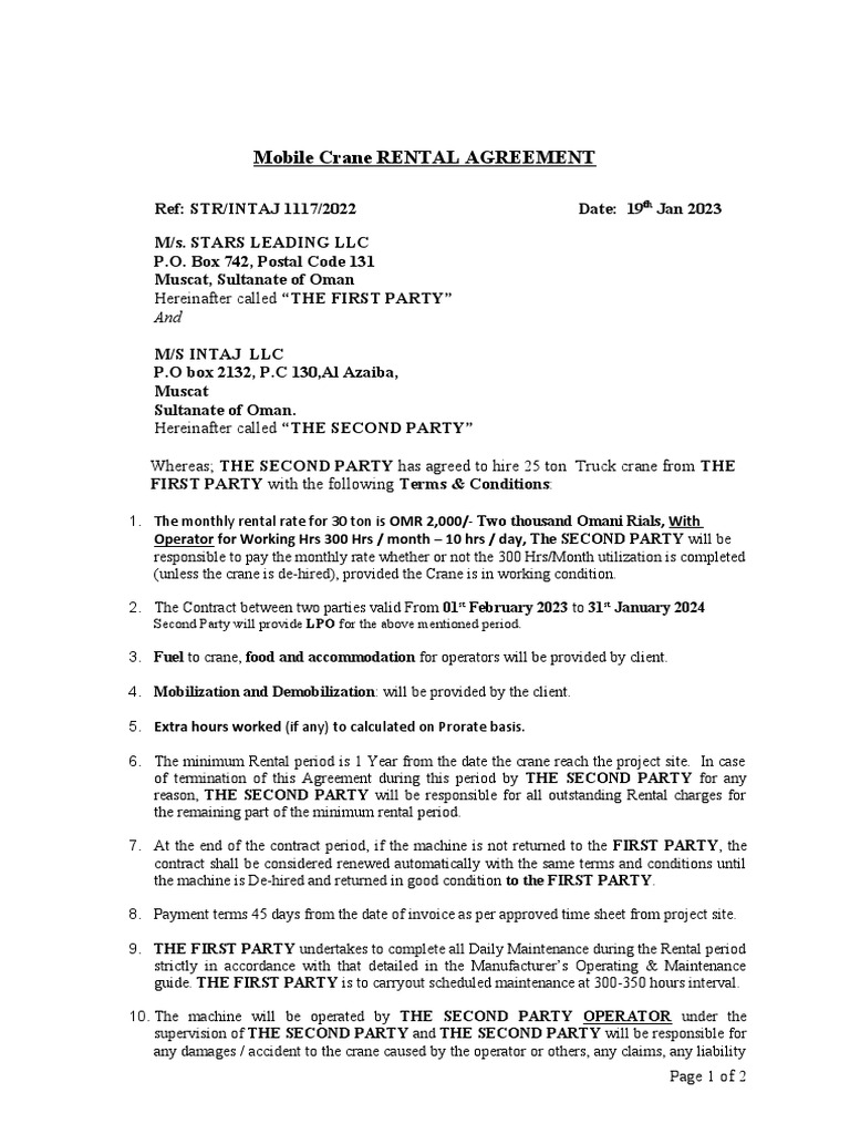Rental Agreement - RH - 25 Ton | PDF | Insurance | Indemnity