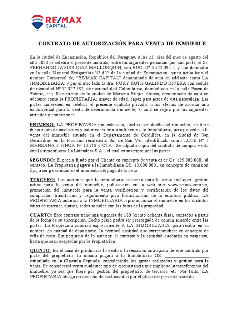 Contrato Exclusividad Remax Comisión Fija | PDF | Derecho