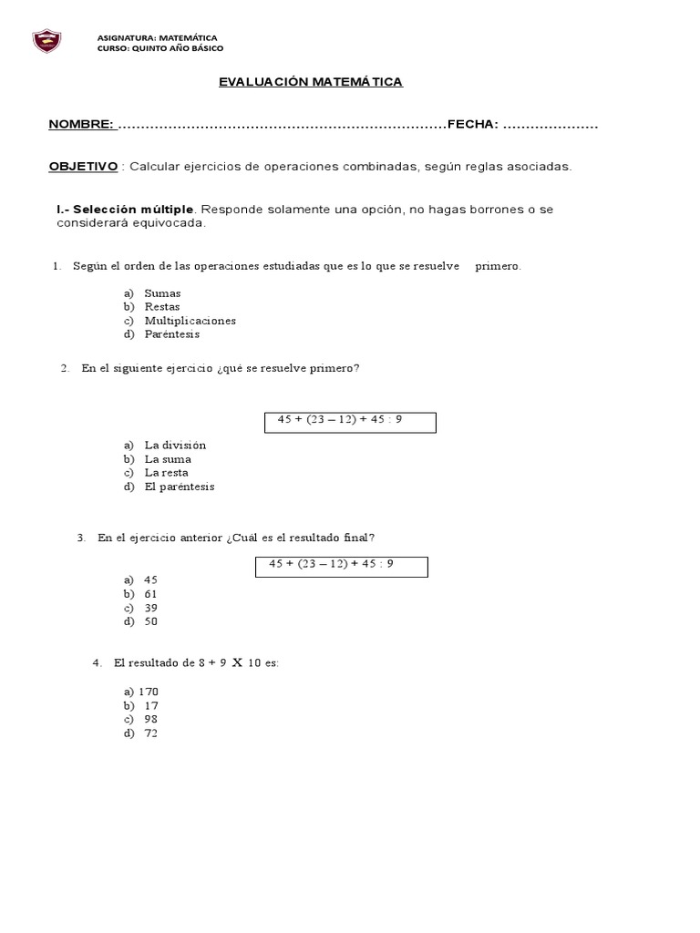 Ev. Ejercicios Combinados Quinto | PDF