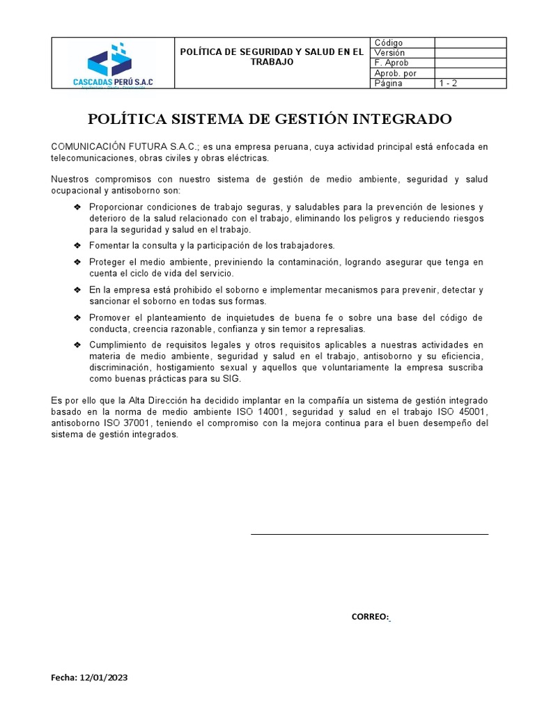 01.-Política de SST | PDF | Seguridad y salud ocupacional