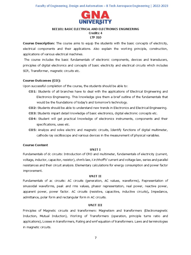 Beee Syllabus | PDF | Electrical Network | Ac Power