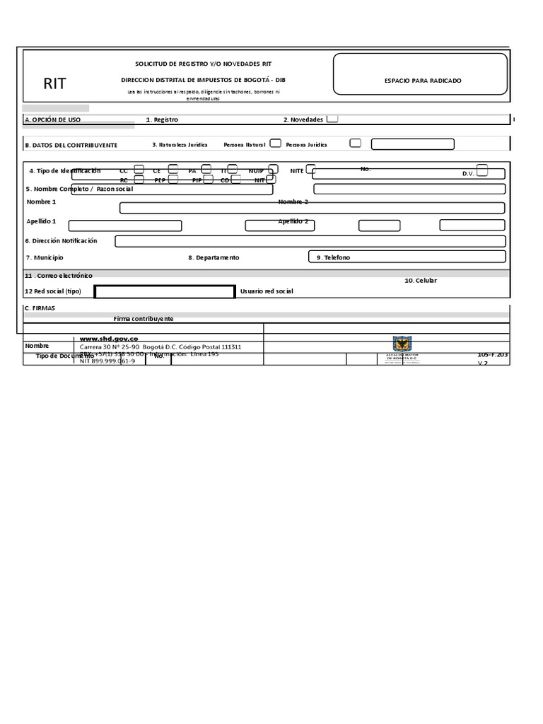 105 F.203 v2 Solicitud de Registro o Novedades Rit | PDF | Contribuyente | Gobierno y personalidad