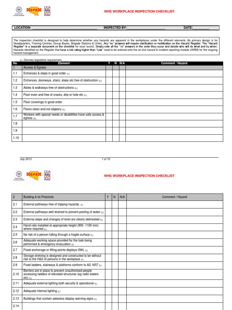Whs Workplace Inspection Checklist | PDF | Risk | Personal Protective ...