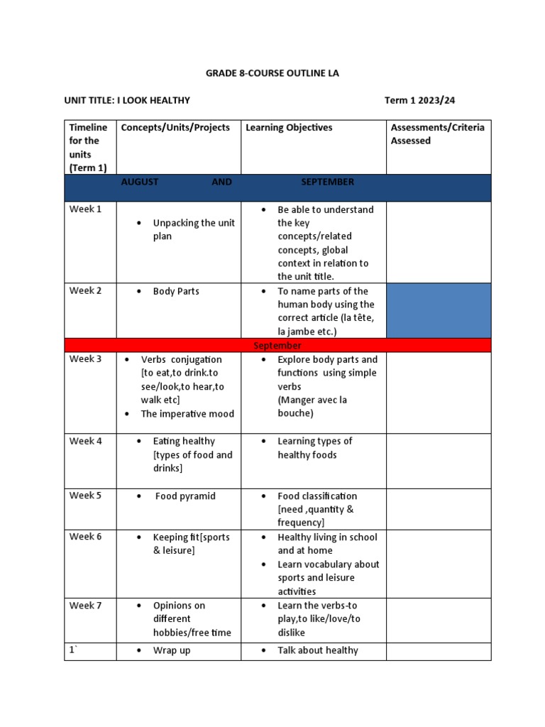 GRADE 8 Course Outline Term 1 French 1 | PDF | Semantic Units | Languages
