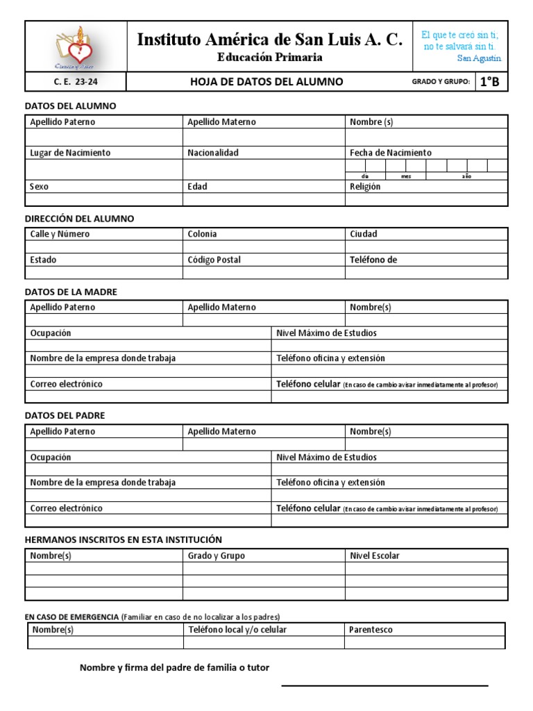 Hoja de Datos del Alumno Primaria | PDF