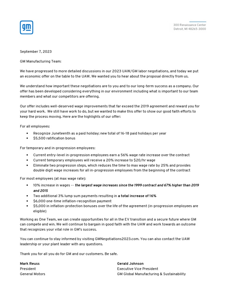 GM Employee Letter From Sept. 7, 2023 | PDF | Employment | General Motors