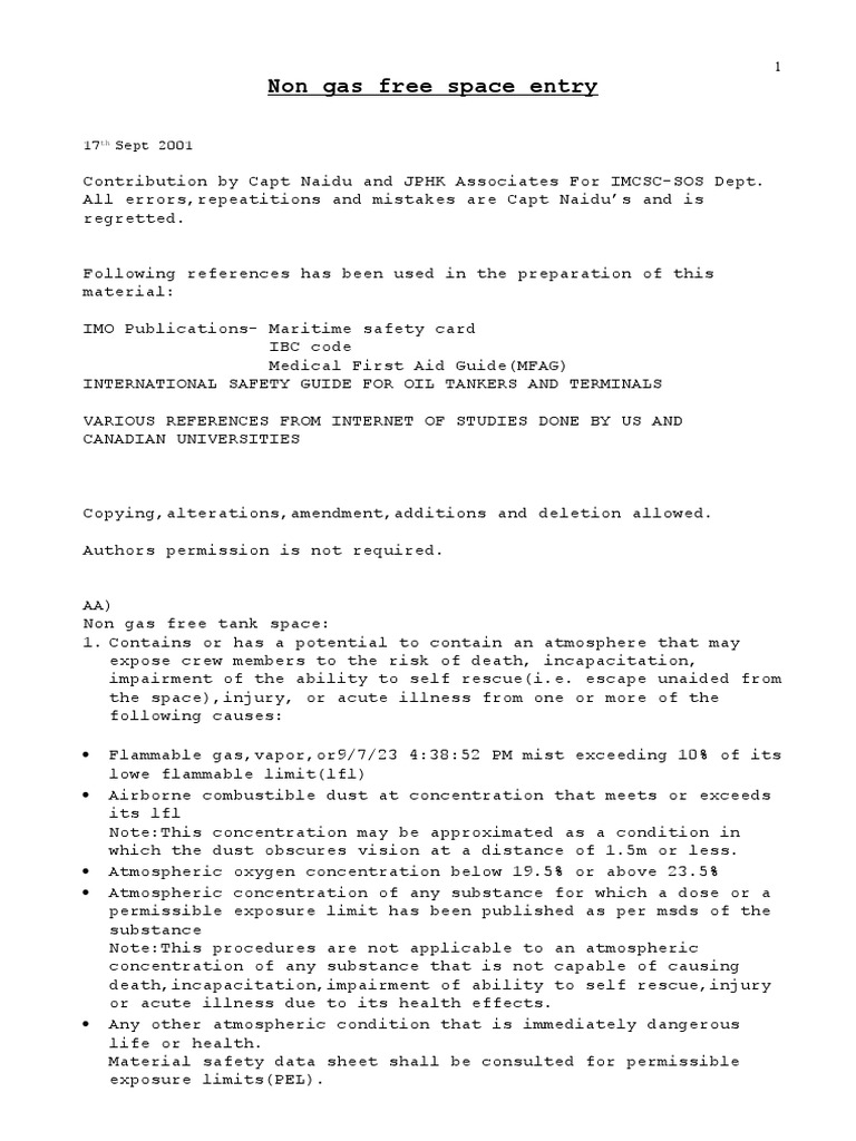 Non Gas Free Tank Entry | PDF | Personal Protective Equipment ...