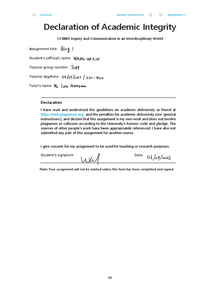 Academic Integrity Declaration Form | PDF