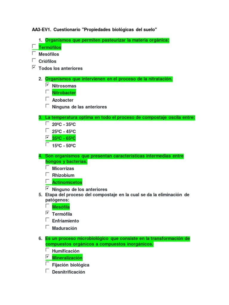 EVALUACIÓN AA3-EV1. Cuestionario Propiedades biológicas del suelo | PDF | Hongo | Compost