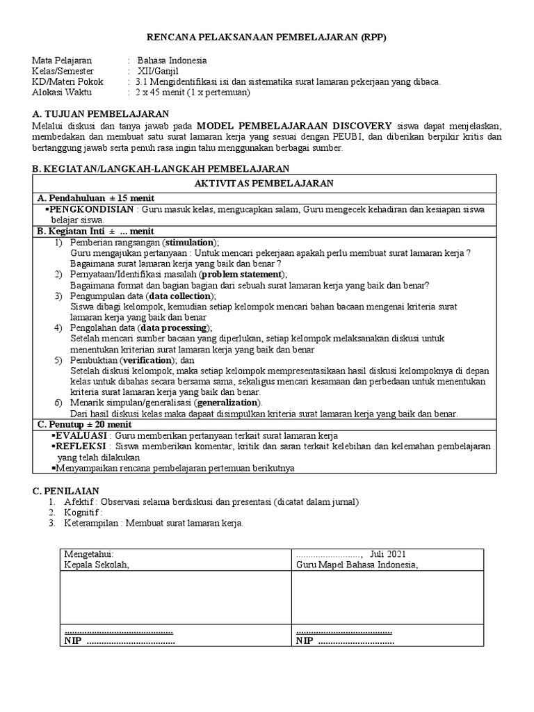 Contoh II RPP Kls XII Bindo Model Discovery | PDF