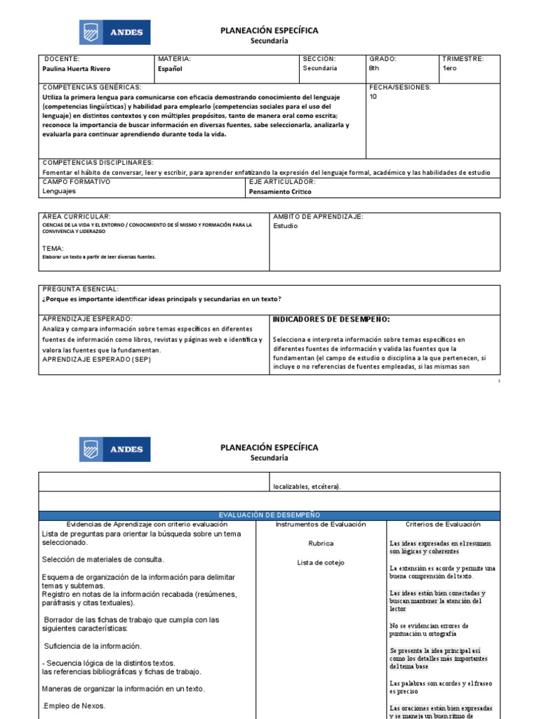 Formato Planeacion Especifica | PDF | Evaluación | Aprendizaje