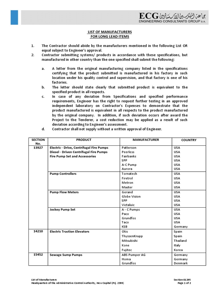 Long Lead Item Manufacturers List | PDF | Turbomachinery | Hydraulics