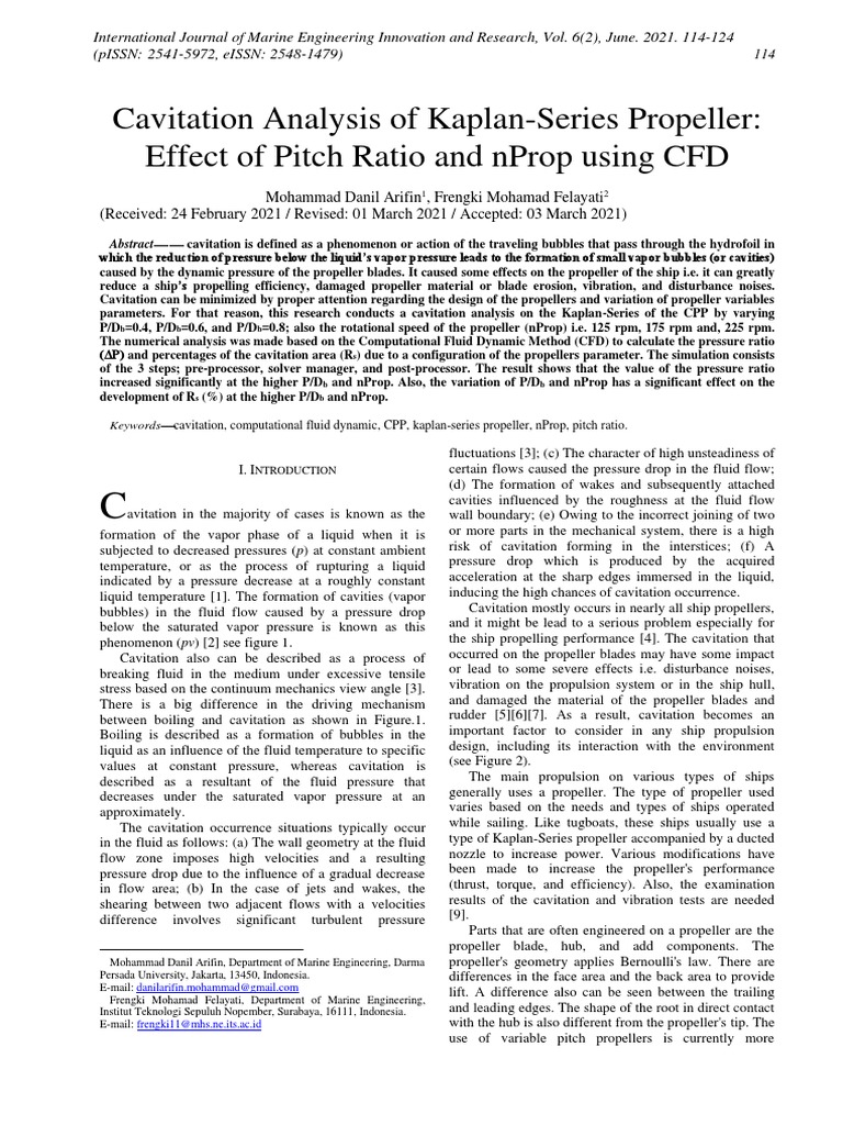 Cavitation Analysis of Kaplan Series Propeller Effect of Pitch Ratio and Nprop Using CFD | PDF ...