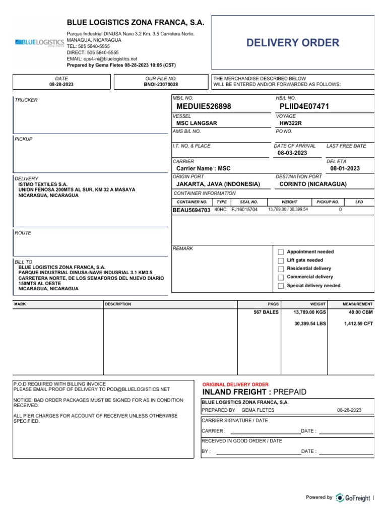 Example Delivery Order | PDF | Freight Transport