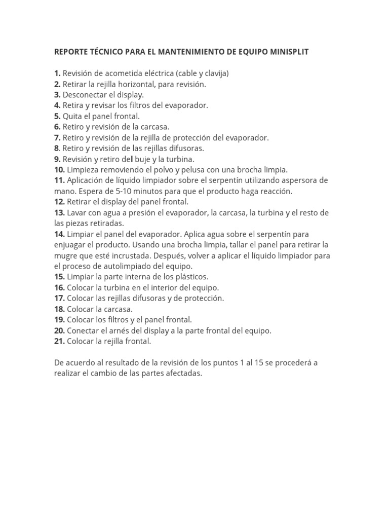 Reporte Técnico para El Mantenimiento de Equipo Minisplit | PDF ...