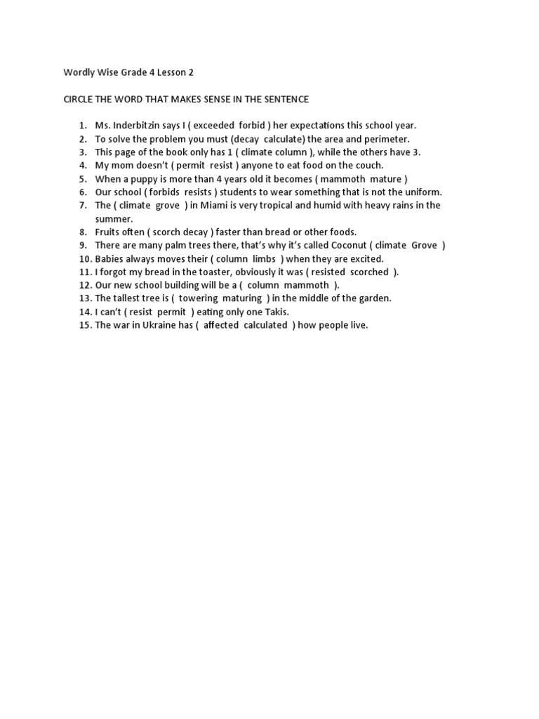 Wordly Wise Grade 4 Lesson 2 | PDF | Home & Garden | Science & Mathematics