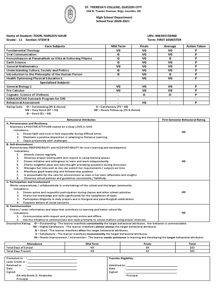 1st Sem Report Card GR 11 | PDF | Learning | Cognitive Science