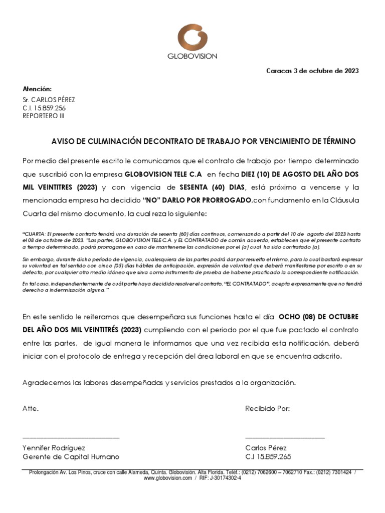 Notificación de Culminación de Contrato. | PDF