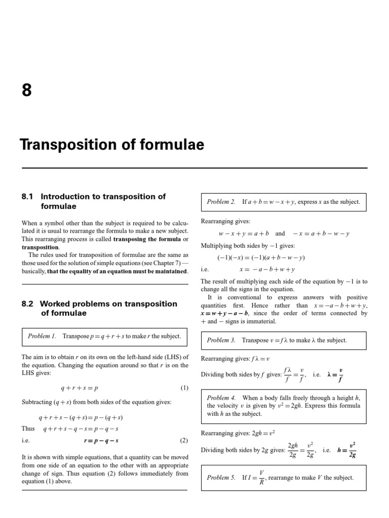 Transposition of Formulae | Download Free PDF | Equations ...