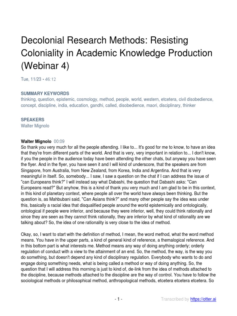 Walter Mignolo Decolonial Research Methods | PDF | Civil Disobedience ...