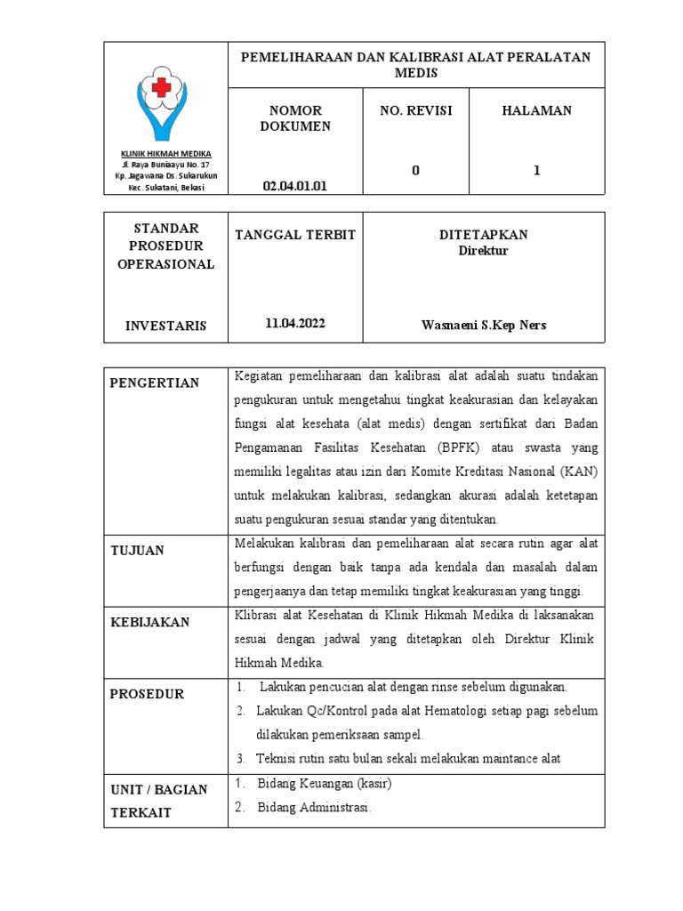 Sop Pemeliharaan Dan Kalibrasi Peralatan Medis | PDF