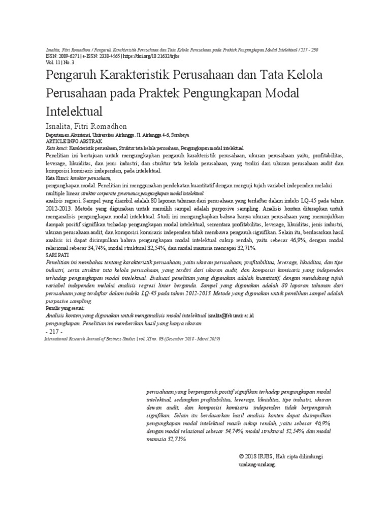 Pengaruh Karakteristik Perusahaan pada Modal Intelektual | PDF | Bisnis ...