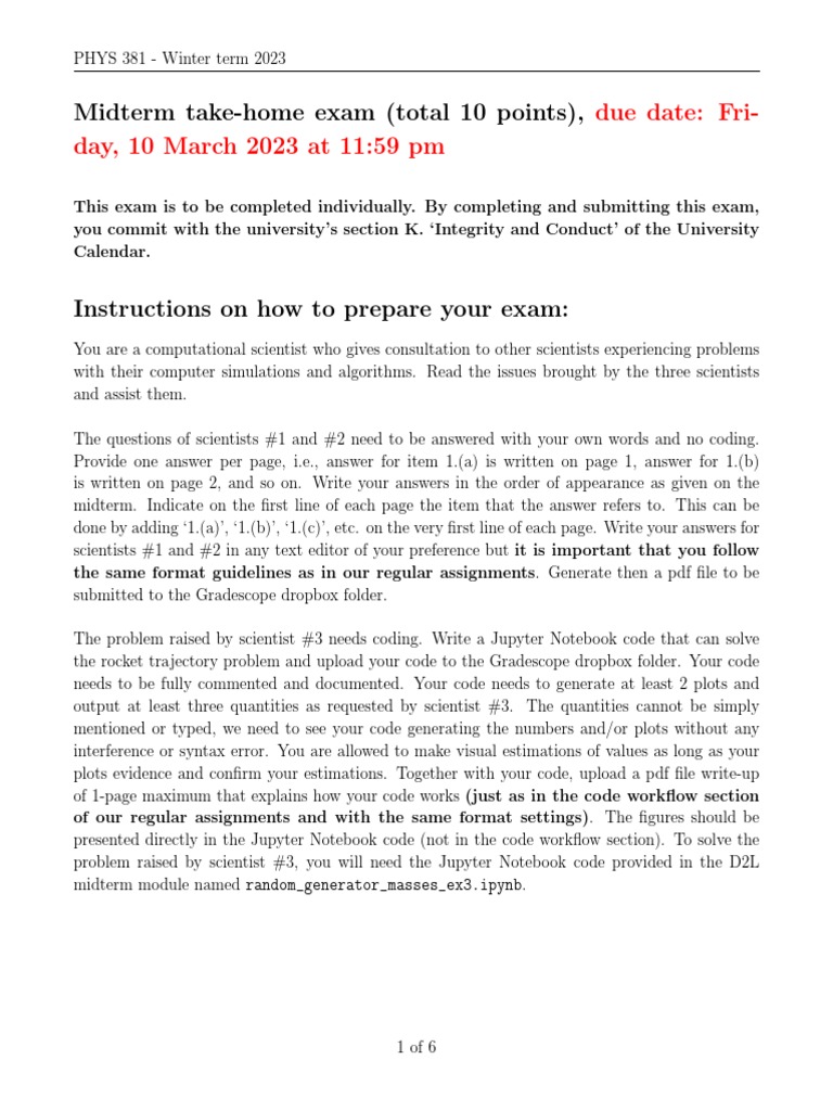 PHYS 381 W23 Midterm | PDF | Rocket | Force