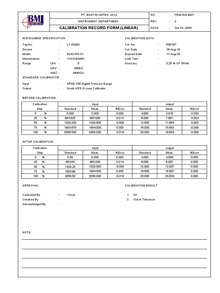 FRM INS 4001 Calibration Record Form Linear | PDF | Calibration | Metrology
