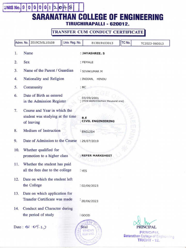 Jayashree's TC (Saranathan College) | PDF