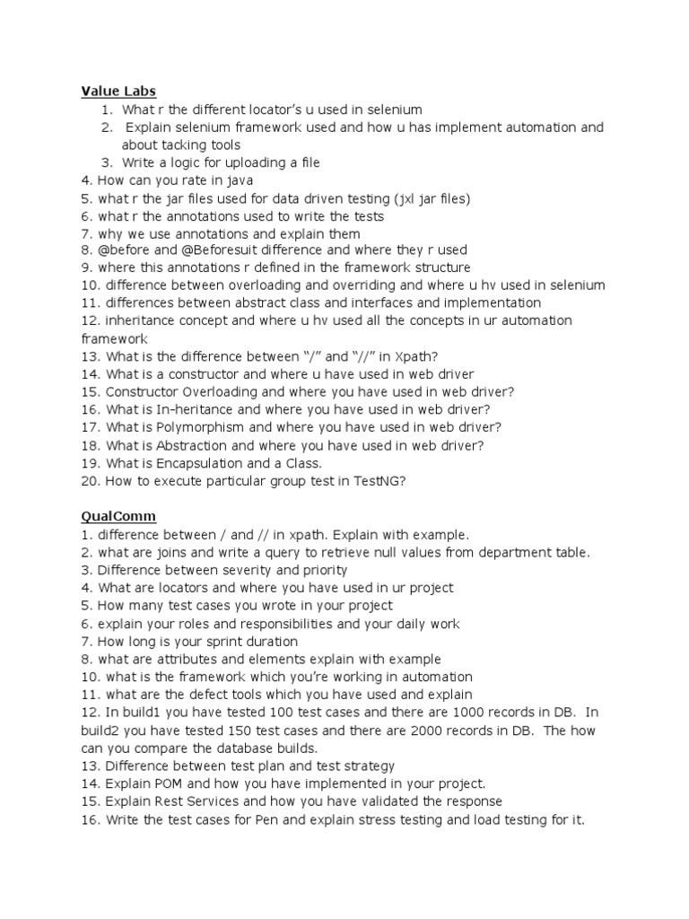 Interview Qsns Value Labs, Qualcomm, Informatica & Ness Technologies | PDF | Programming ...