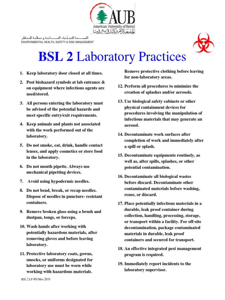 BSL-2 Laboratory Practices | PDF | Laboratories | Safety
