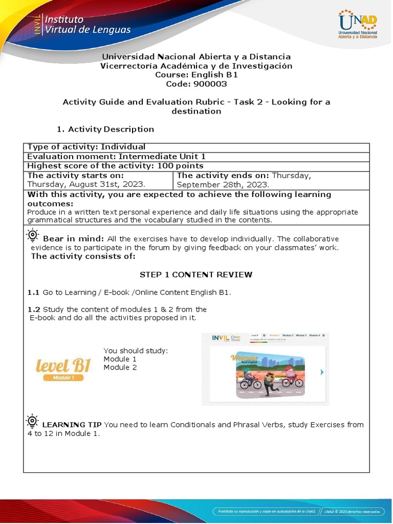 Activities Guide and Evaluation Rubric - Unit 1 - Task 2 - Looking For A Destination | PDF ...