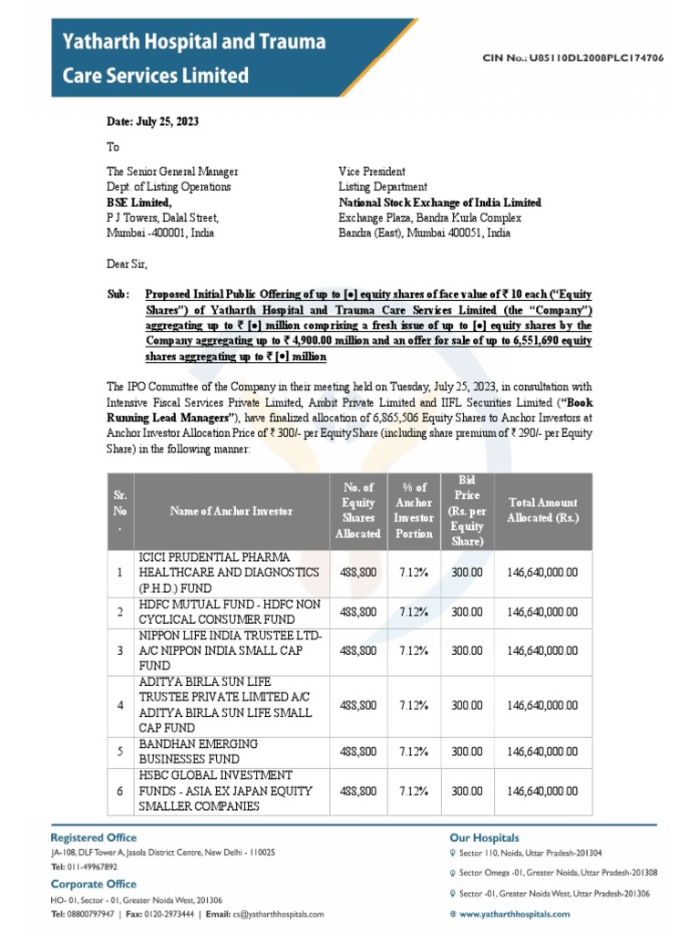 Anchor Intimation Letter | Download Free PDF | Stocks | Securities ...