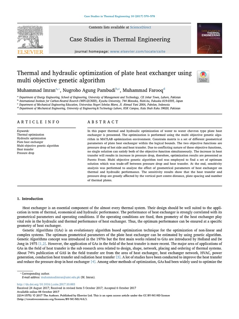 Thermal and Hydraulic Optimization of Plate Heat Exchanger Using Multi Objective Genetic ...