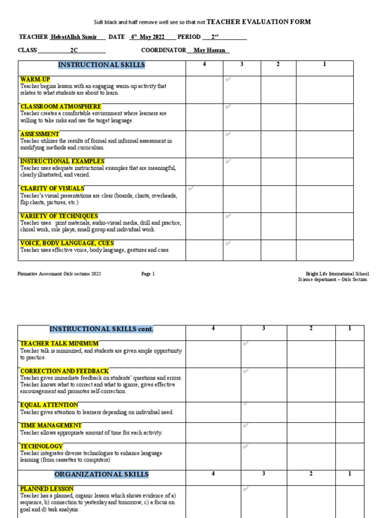 Teacher Evaluation Form for 2C Class | PDF | Teachers | Educational ...