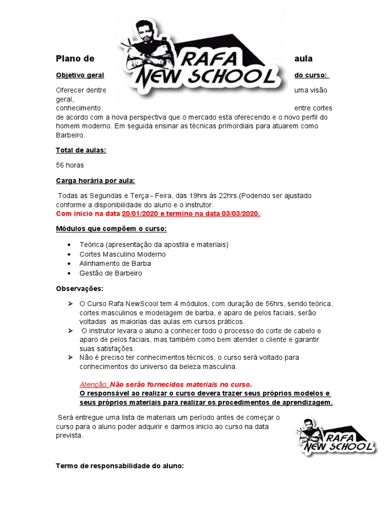 Plano de Aula RAFA NEW SCHOOL | PDF | Cabeleireiro