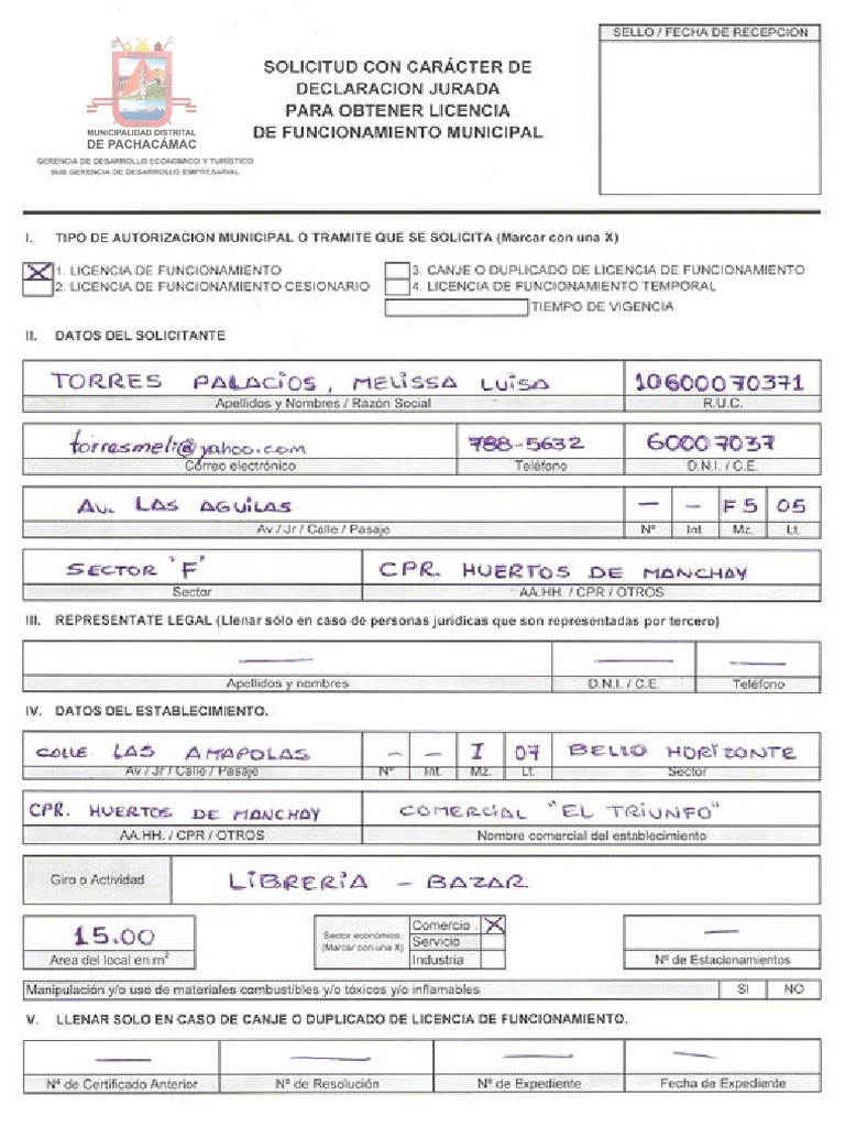 Ejemplo de Llenado de Formulario de Solicitud para La Obtencion de Licencia de Funcionamiento | PDF