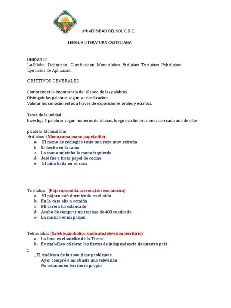 Tarea Unidad III - Las Silabas | PDF | Ciencias sociales | Artes del ...