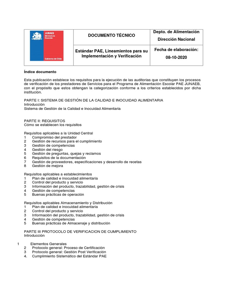 ESTANDAR PAE. Est °ndar Operacional PAE | PDF | Calidad (comercial) | Gestión de la calidad