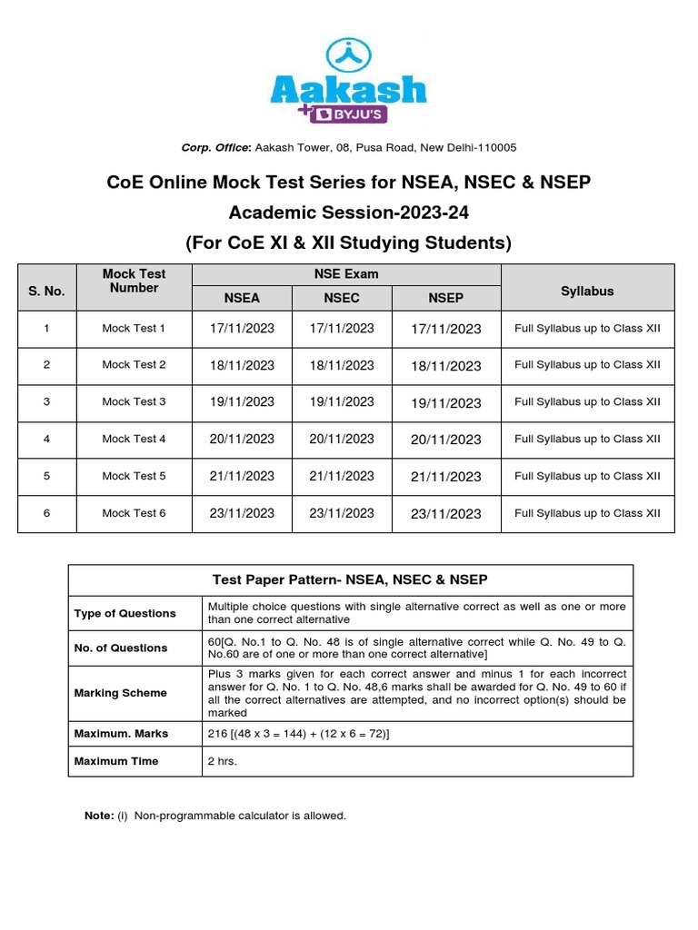Aakash CoE Mock Test Series 2023-24 | PDF | Science | Methodology