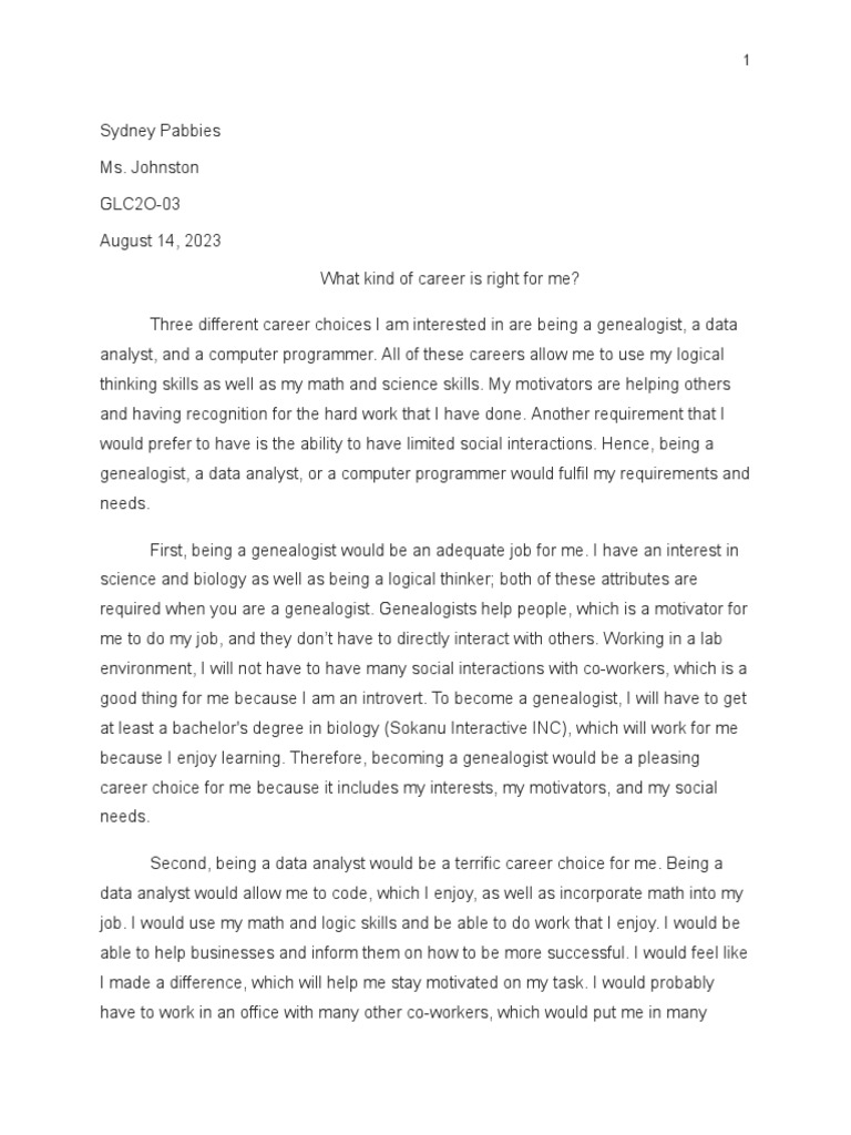 Unit 2 Culminating Assignment What Kind Of Career Is Right For Me