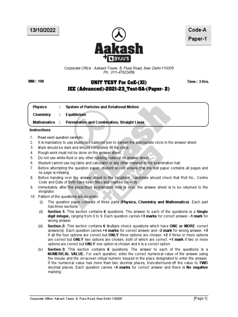 Aakash CoE Unit Test Paper for JEE XI | PDF | Rotation Around A Fixed ...