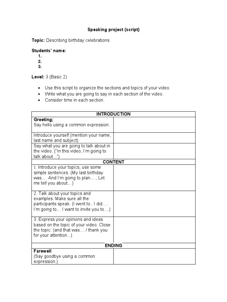 Speaking+project+ (Script) Level 3 | PDF