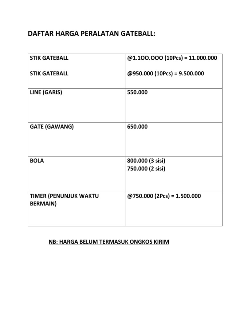 Daftar Harga Peralatan Gateball | PDF