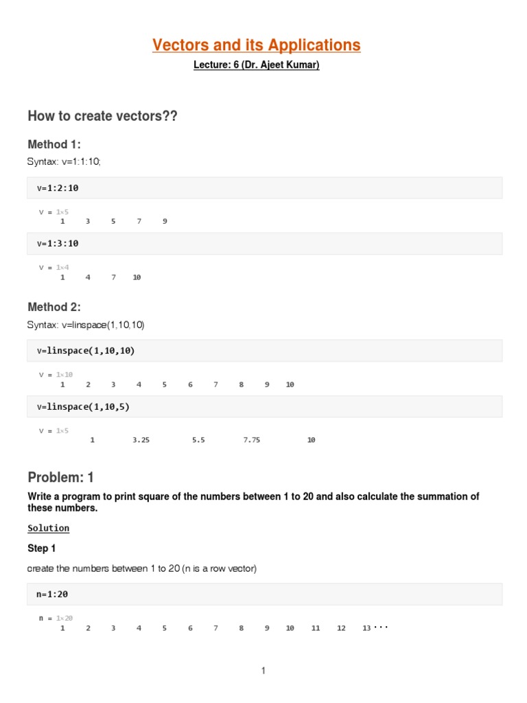 Matlab Vectors and Its Applications | PDF | Matrix (Mathematics) | Mathematical Analysis